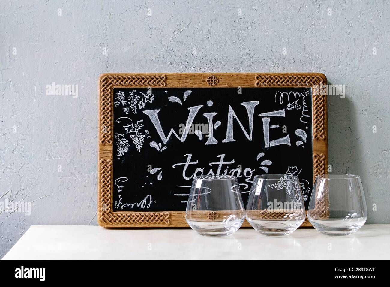 Wine tasting concept. Three empty old fashion wine glasses and ...