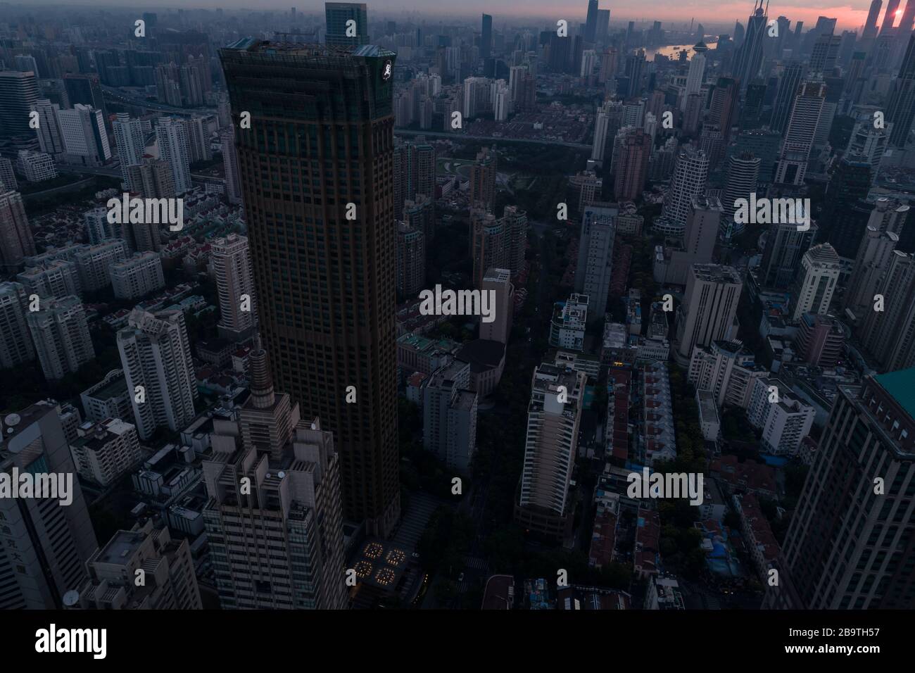 Aerial view of business area and cityscape in the dawn, West Nanjing ...