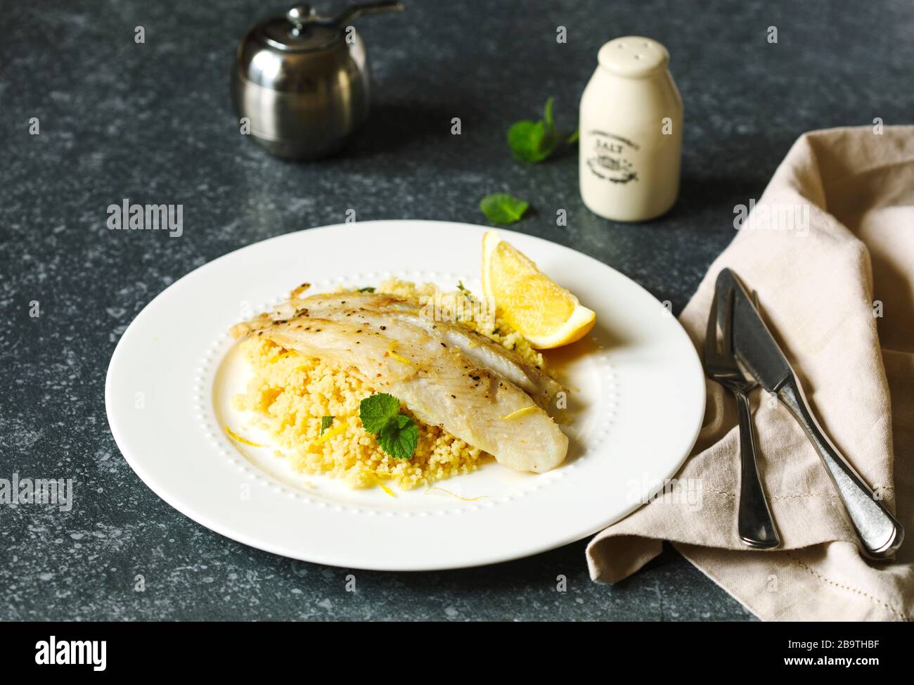Fried Basa Fillet with Lemon Couscous Stock Photo - Alamy