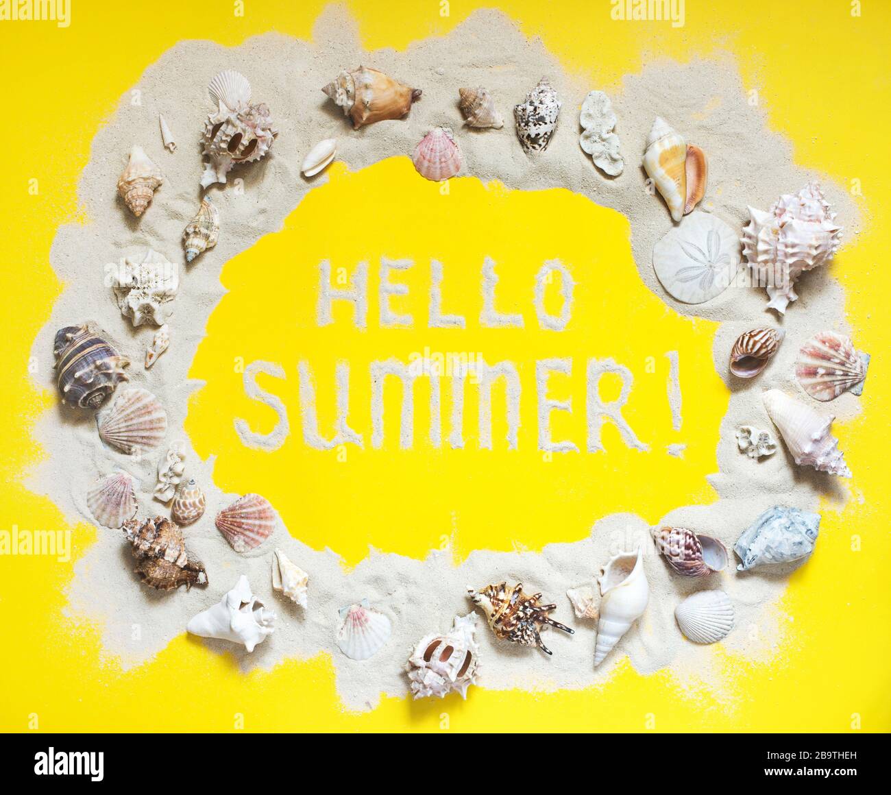 Text Hello Summer, exotic seashells and starfish collection flat lay on ...