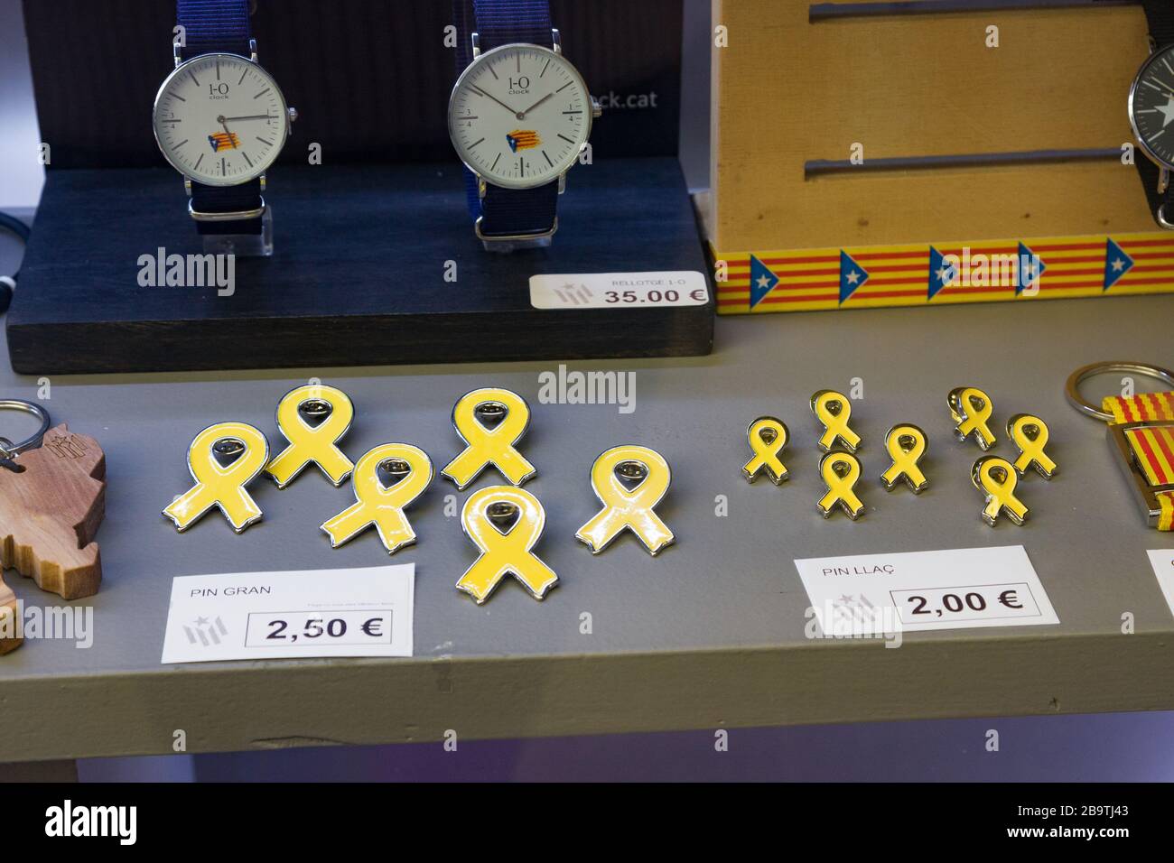 Girona, Spain - February 24,2020: Yellow ribbon-symbol of independence ...