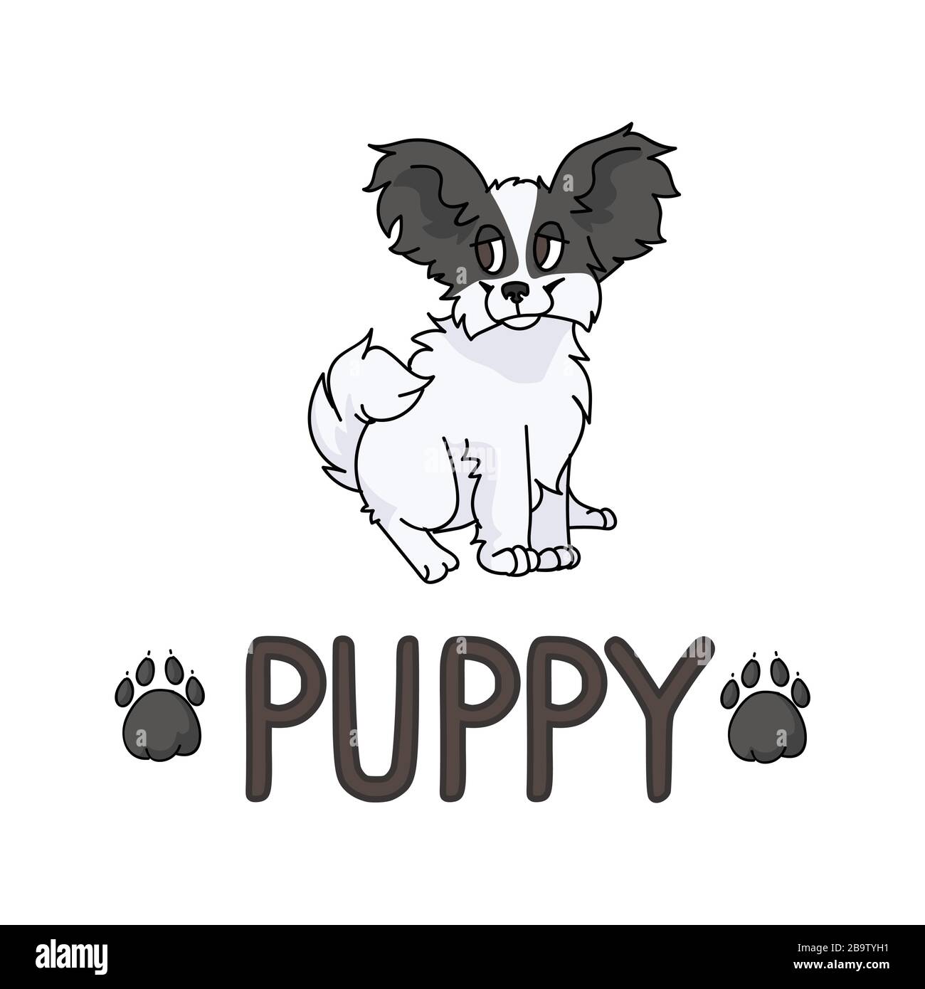 Cute cartoon papillon puppy with text word and paw print vector clipart ...
