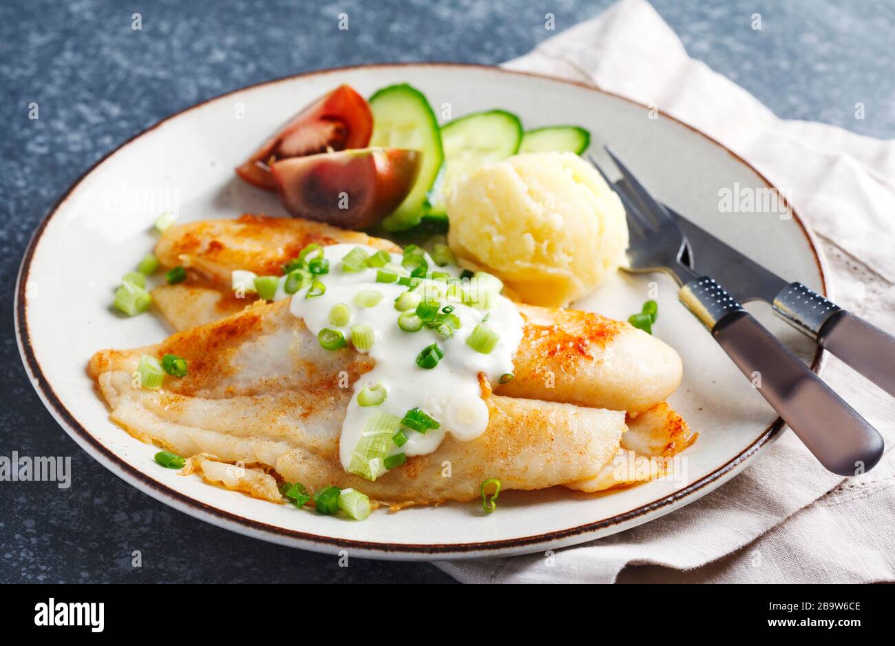 Fried Basa Fillet with sauce, mashed potato and fresh vegetables Stock ...