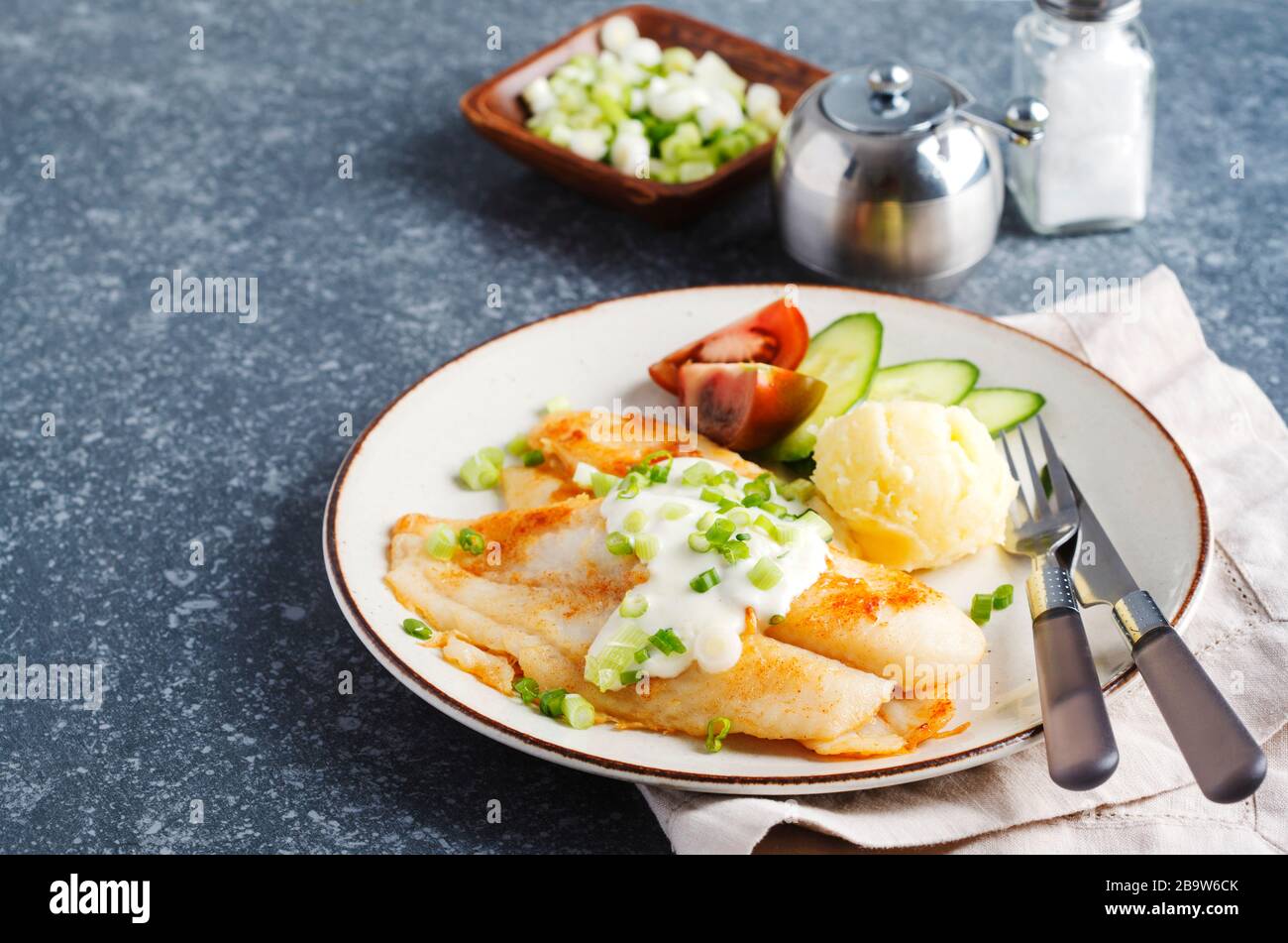 Fried Basa Fillet with sauce, mashed potato and fresh vegetables, copy ...