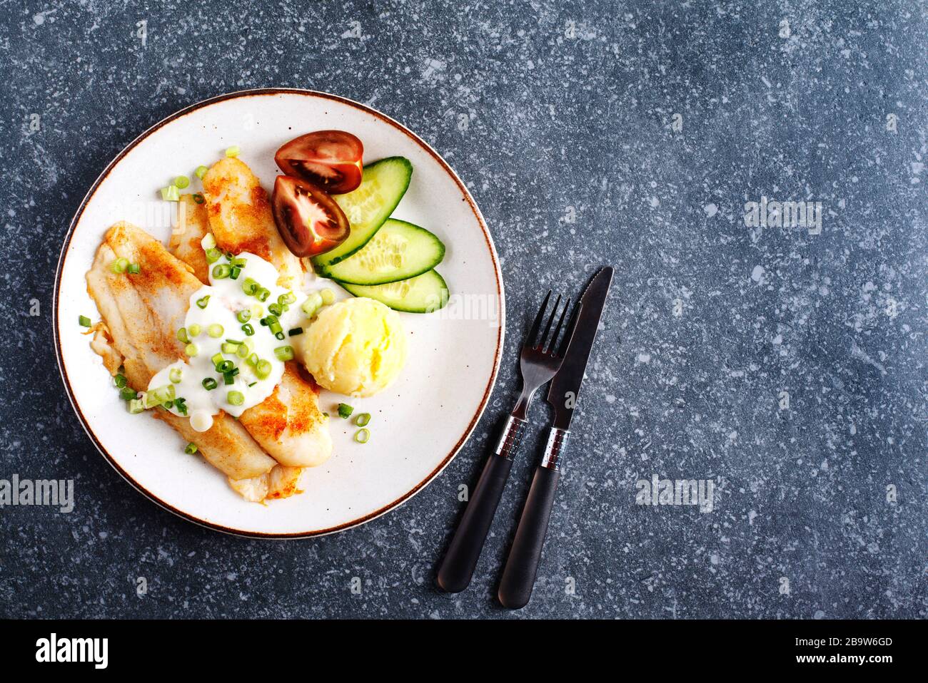Fried Basa Fillet with sauce, mashed potato and fresh vegetables, copy ...