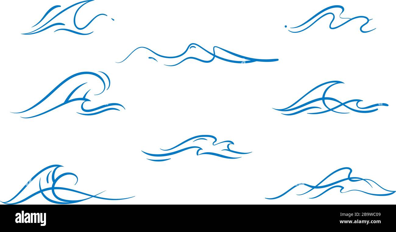 Vector set of different simple stylized pinstripe ocean waves Stock ...