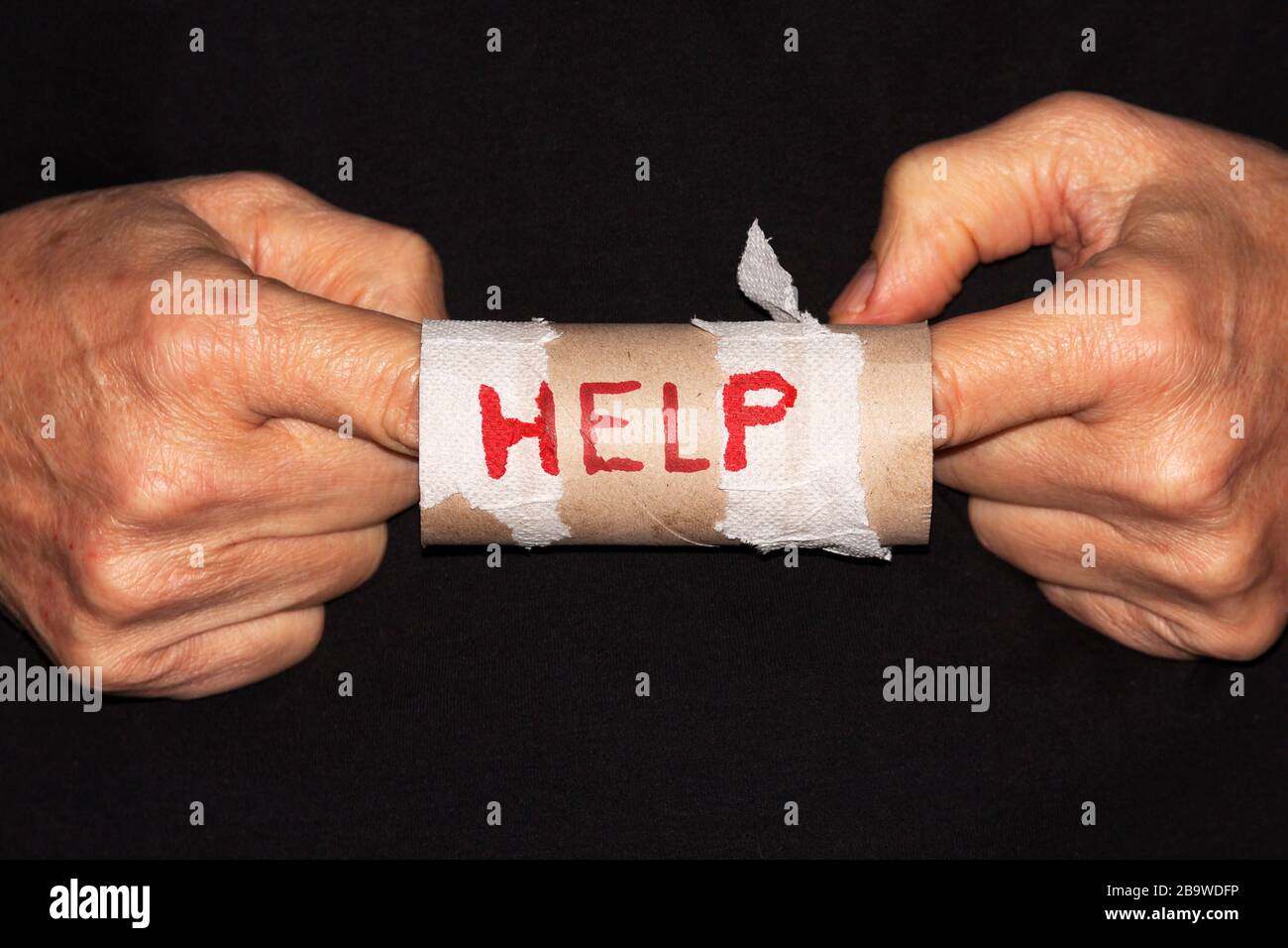 Empty toilet paper roll with cry for help Stock Photo - Alamy