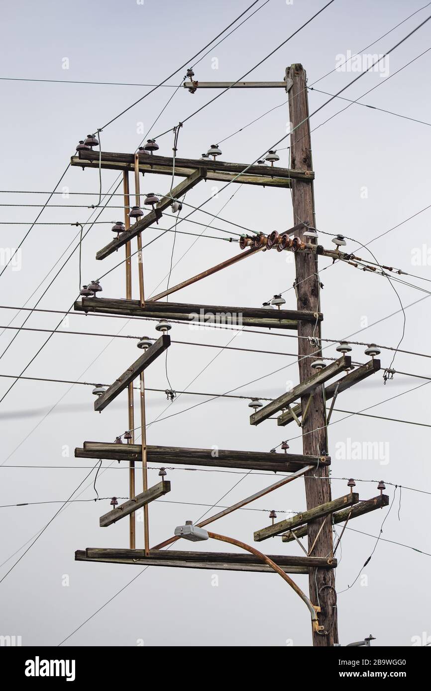Vertical shot of a transmission line in a railroad Stock Photo - Alamy