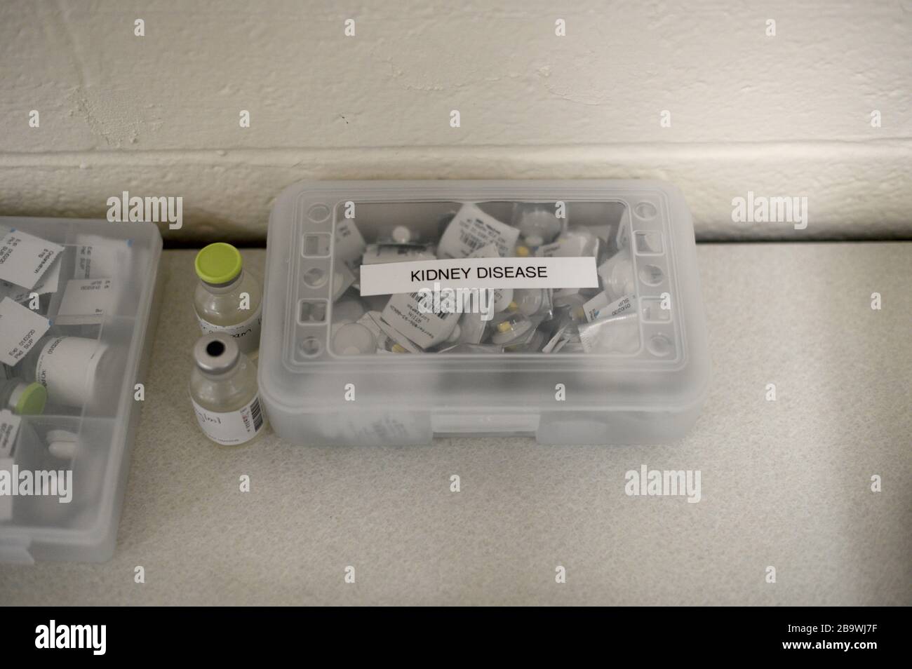 Pill boxes with placebo medication, labeled kidney disease, in a ...