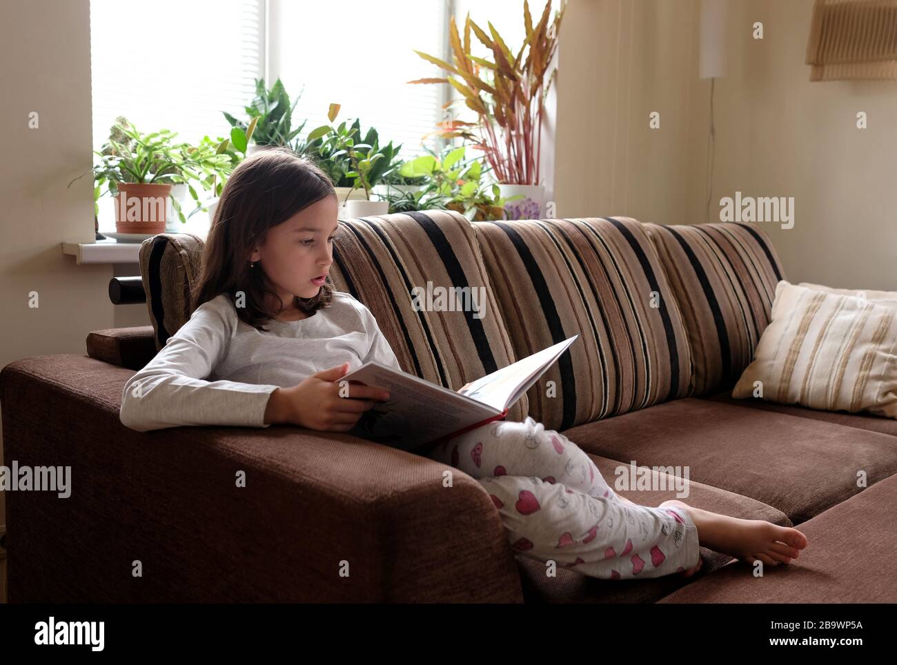 Girl is reading a book on the couch. Distance learning Stock Photo - Alamy