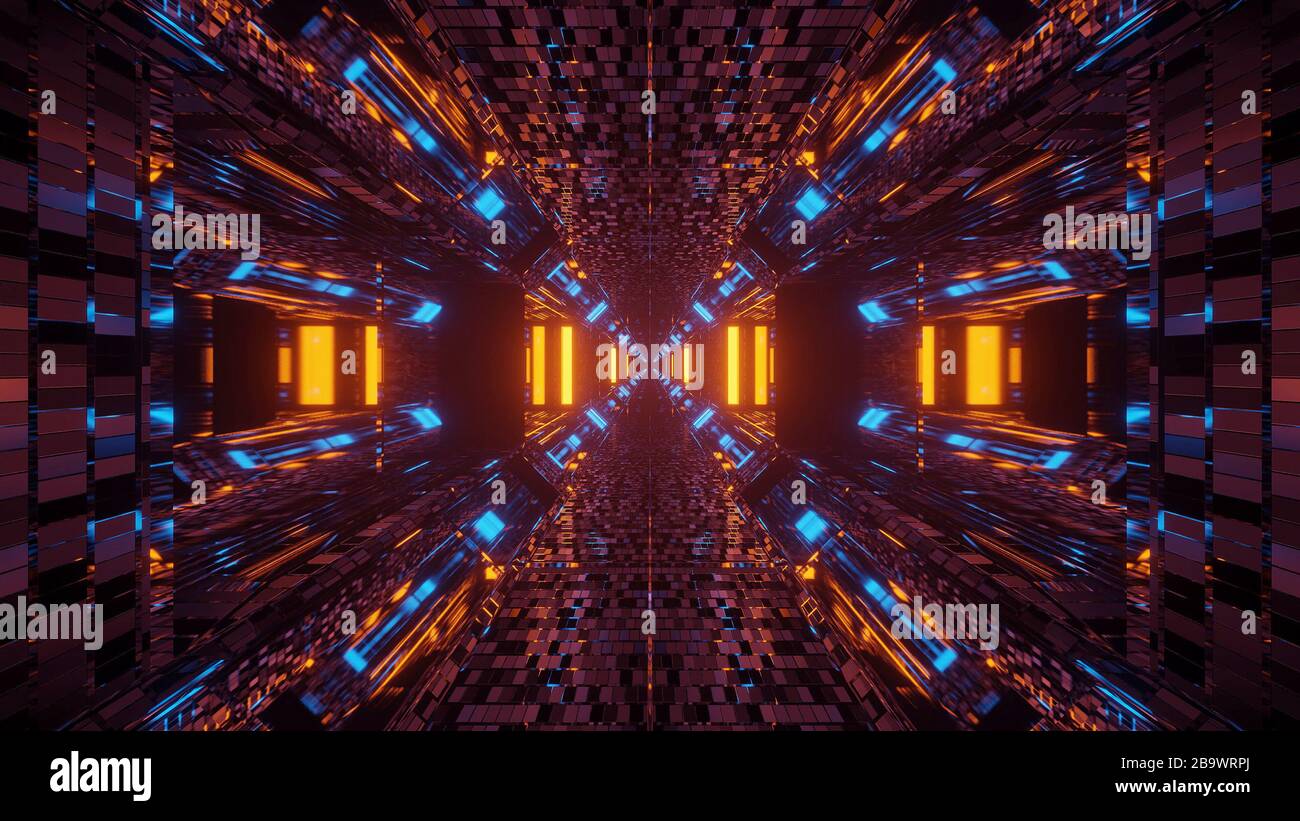 Illustration of several yellow and blue lights in motion flowing into ...