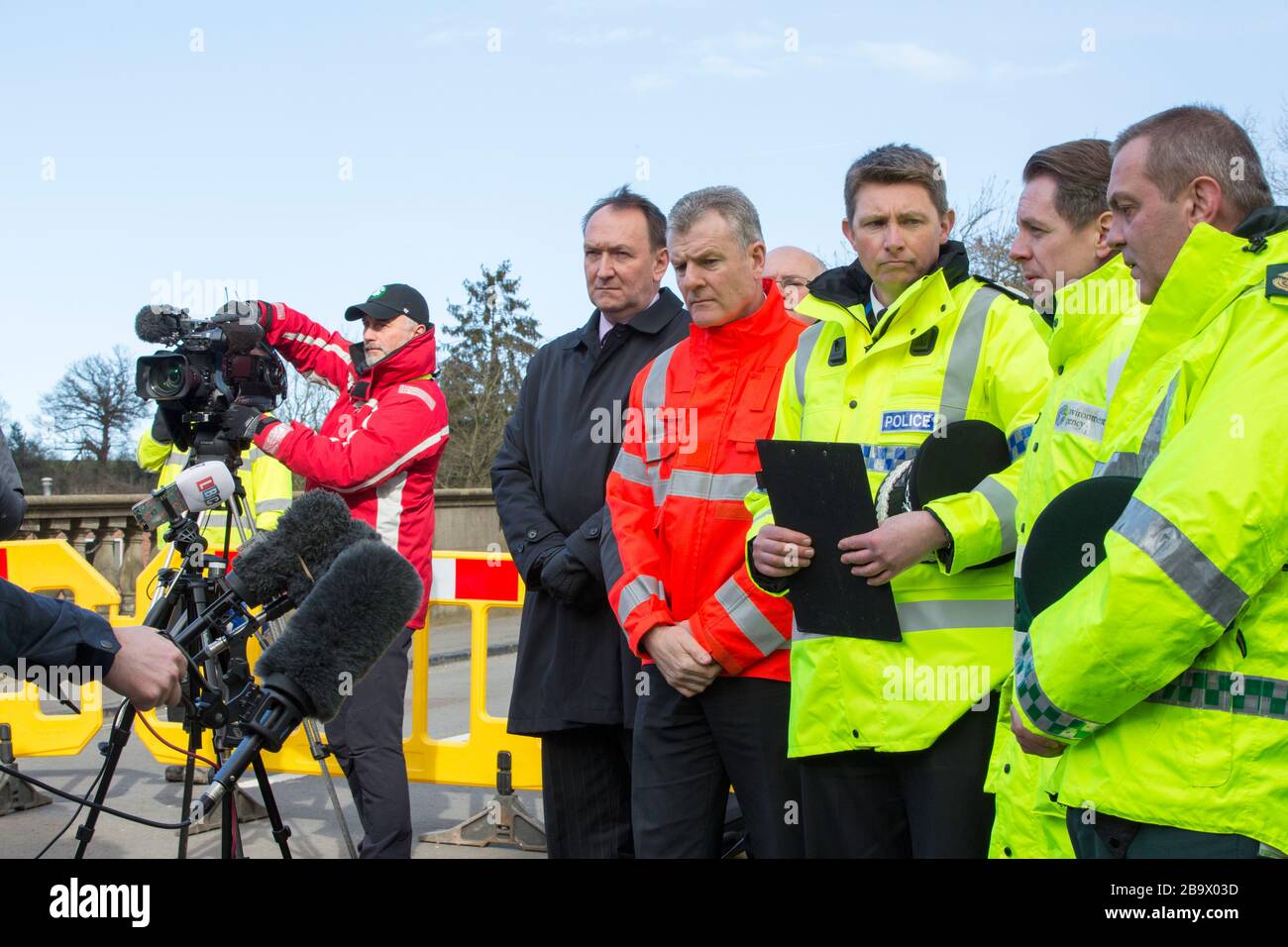 Police, Ambulance and Environment Agency staff hold a press conference ...