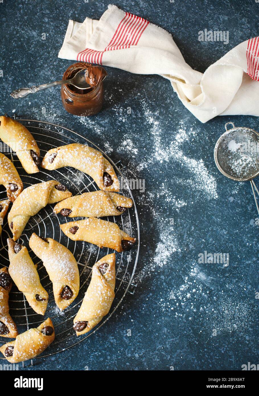 Rugelach with chocolate filling. Traditional Jewish holiday cookie ...