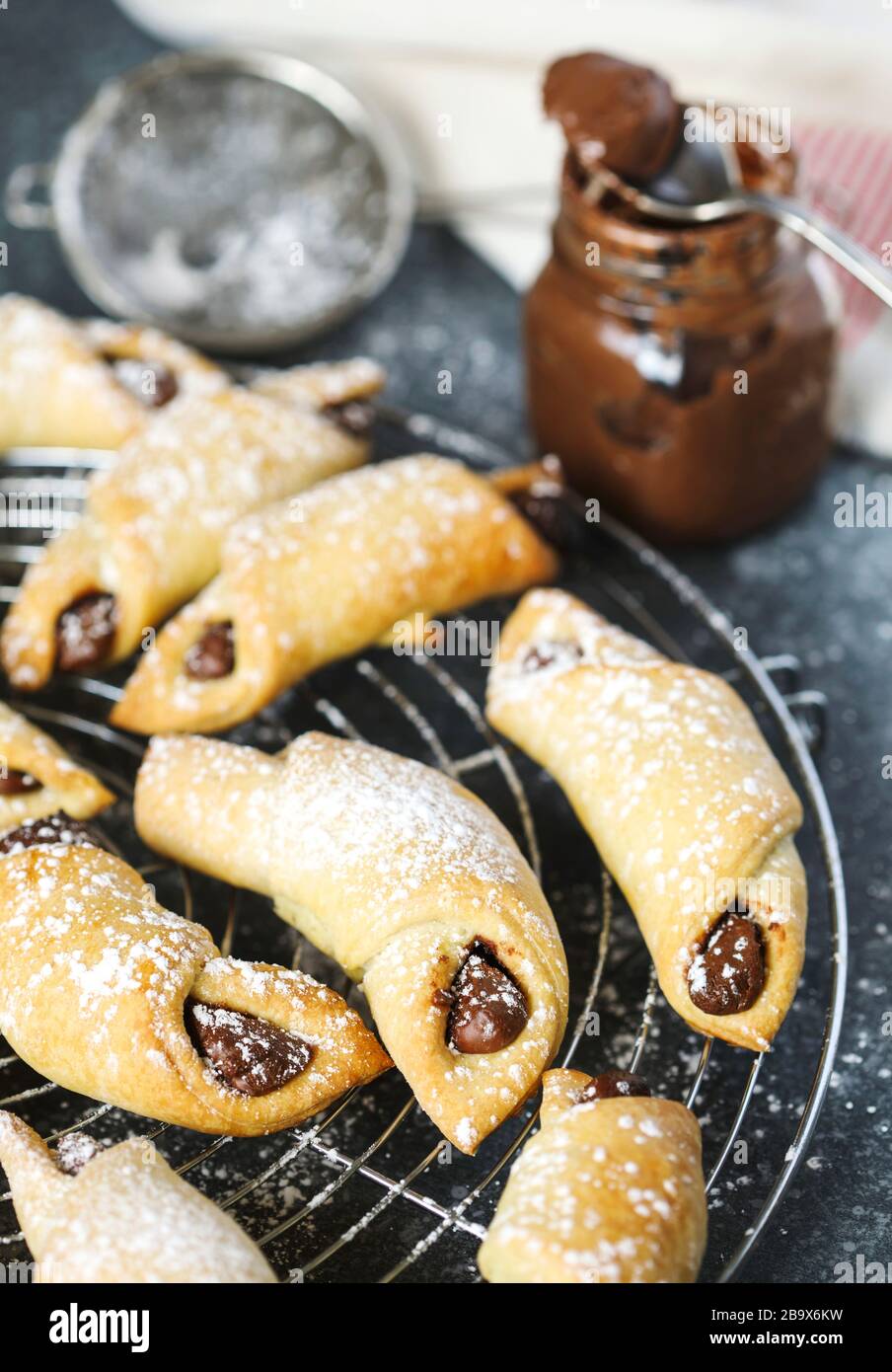 Rugelach with chocolate filling. Traditional Jewish holiday cookie ...