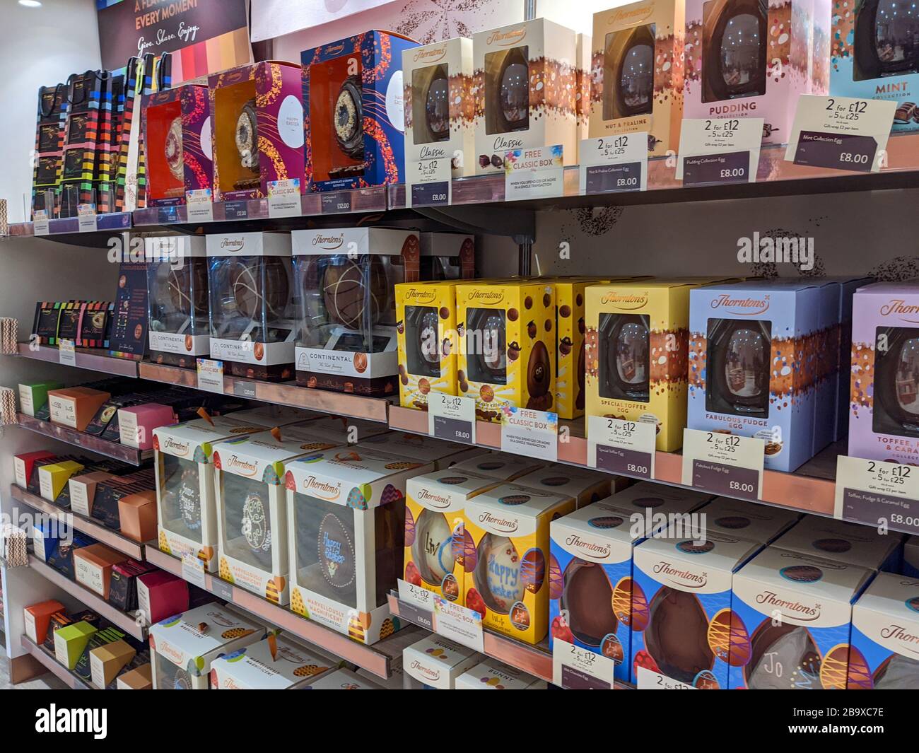 UK, March 2020: Thorntons chocolate Easter egg range on shelves in ...