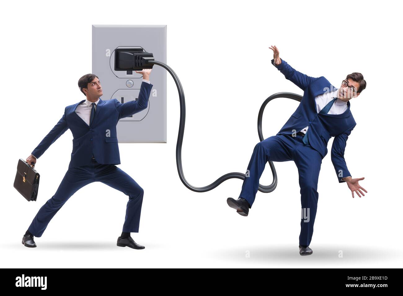 The businessman being powered by electricity and plug Stock Photo - Alamy