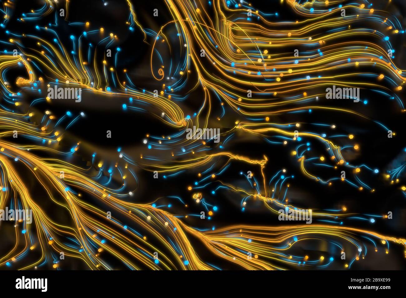 Neon glowing twisted cosmic lines on the glossy surface. Turbulence ...