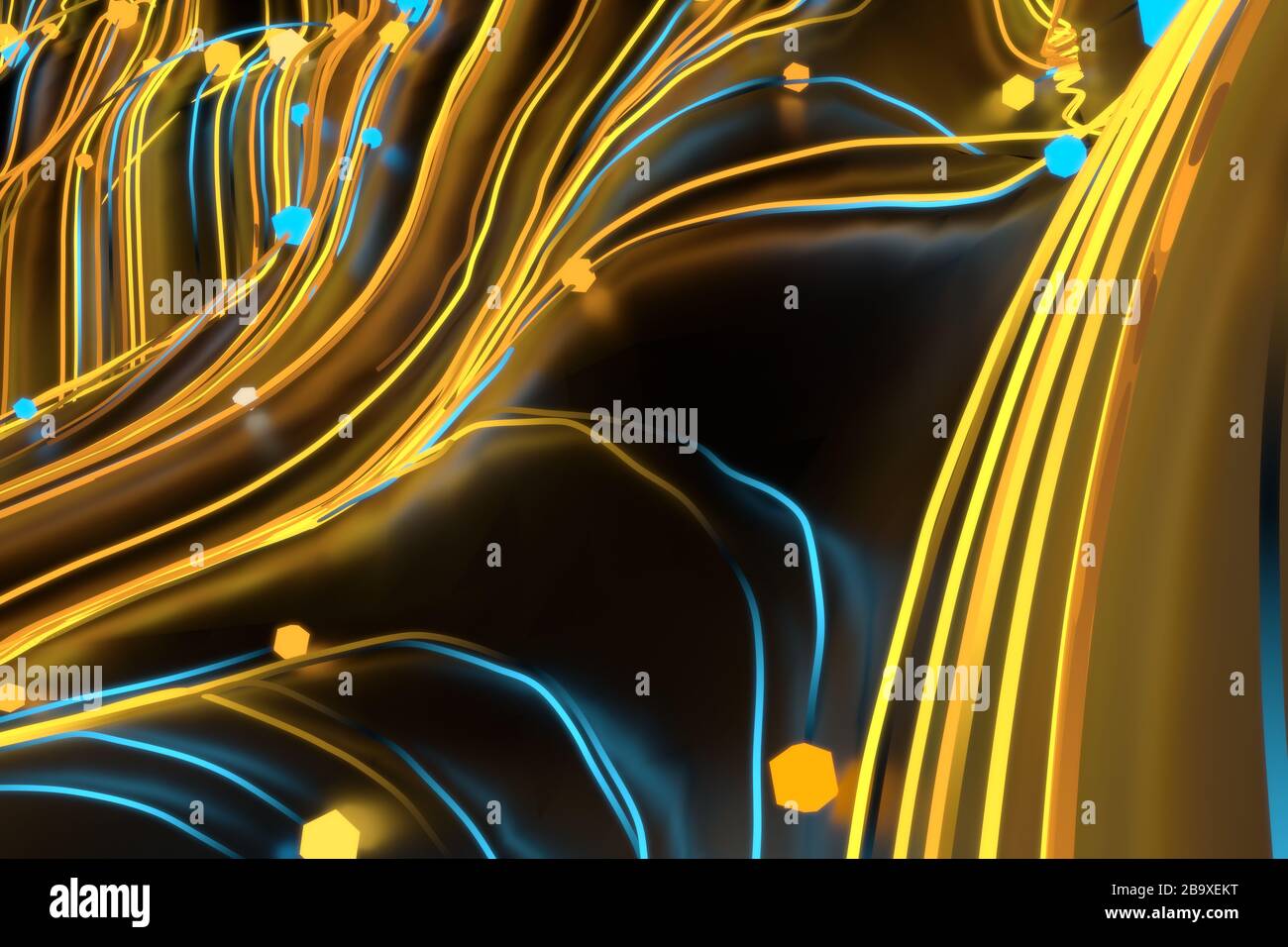 Neon glowing twisted cosmic lines on the glossy surface. Turbulence ...