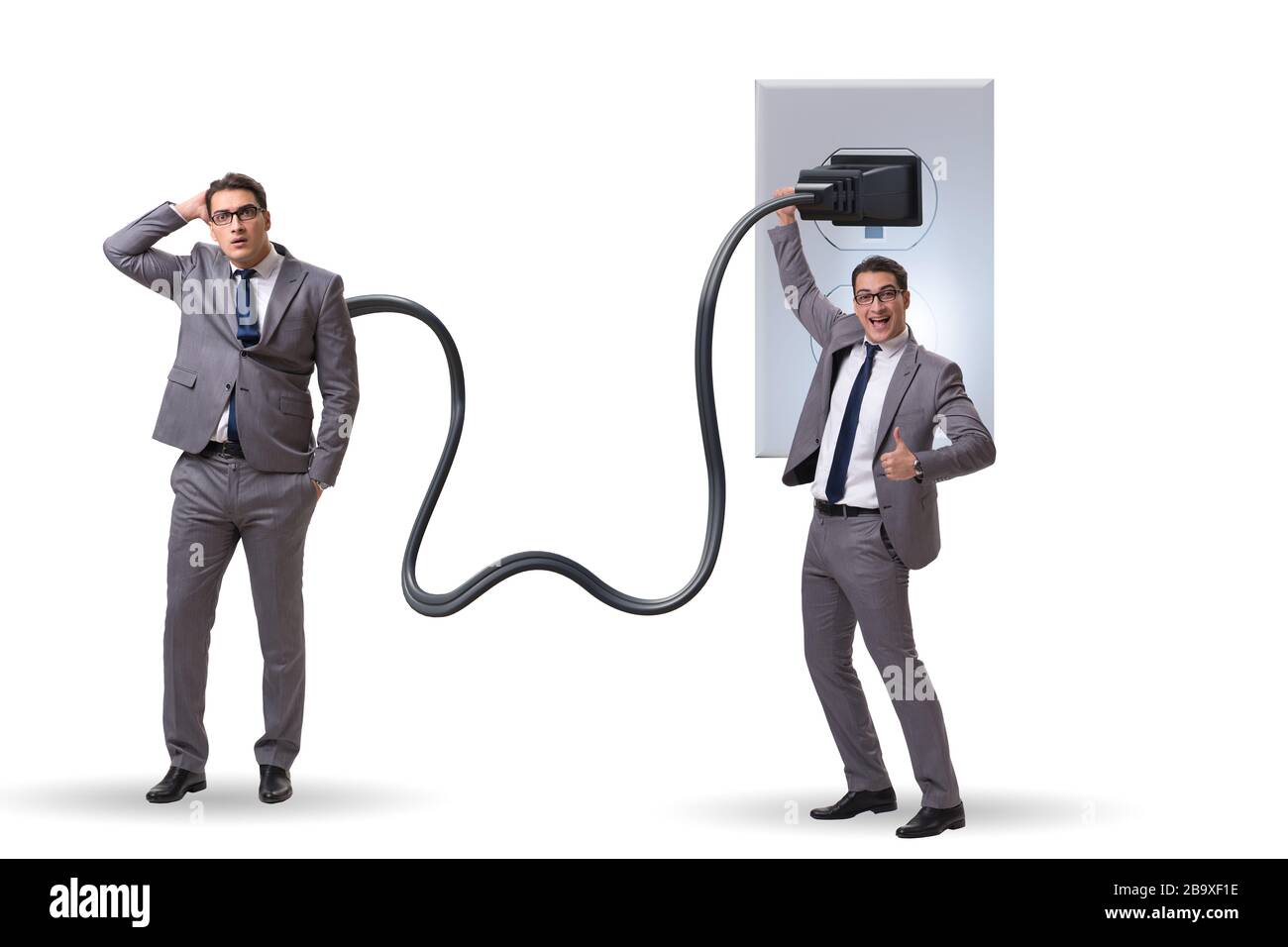 The businessman being powered by electricity and plug Stock Photo - Alamy