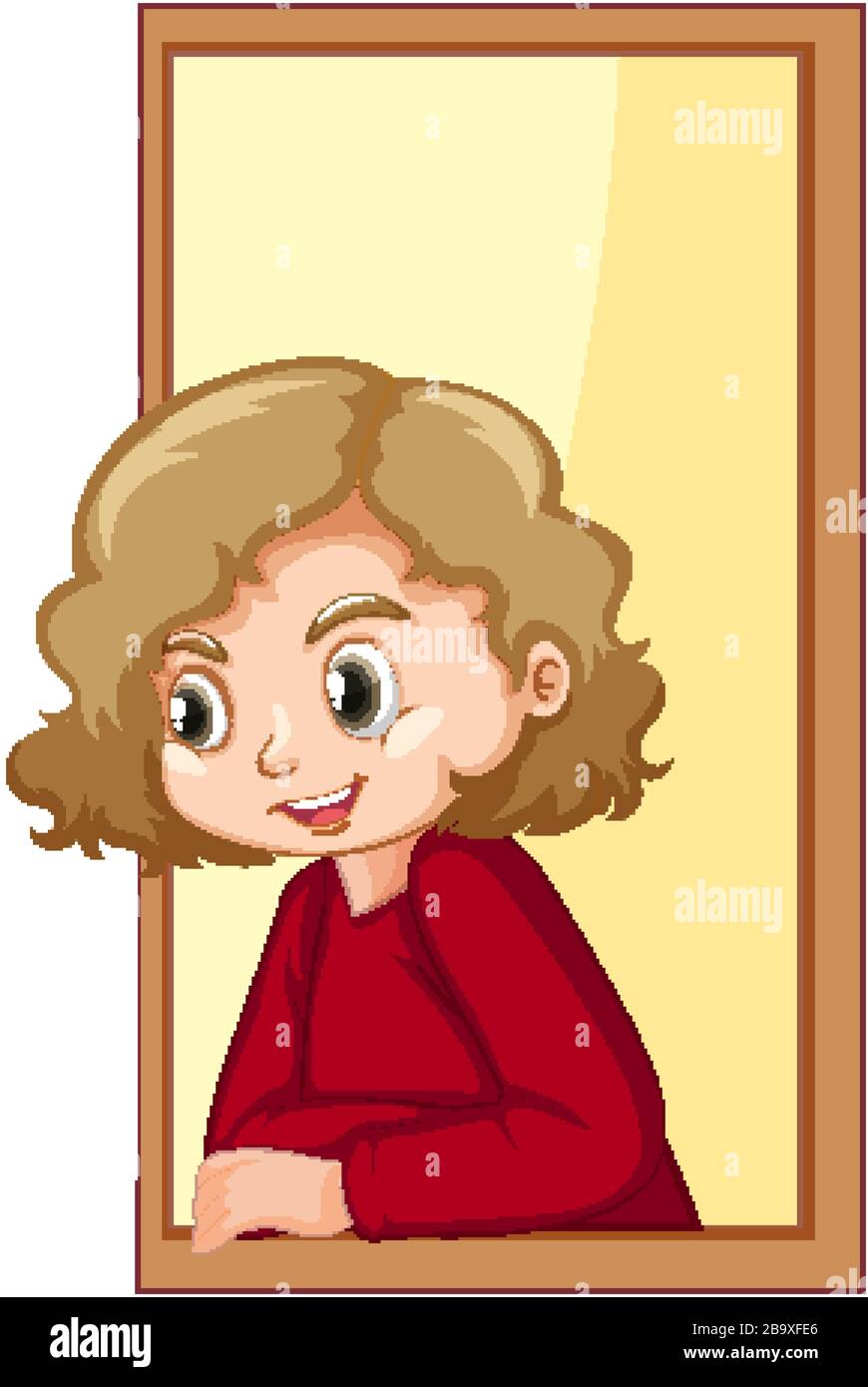 Cute girl in red shirt by the window illustration Stock Vector Image ...