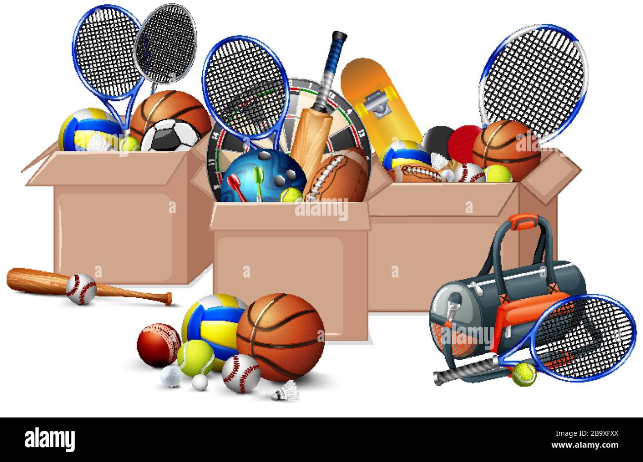 Three boxes full of sport equipments on white background illustration ...