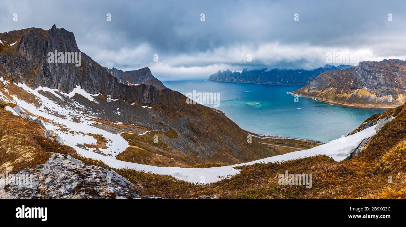 The landscape view of Senja Island from mountain Husfjellet in Norway ...
