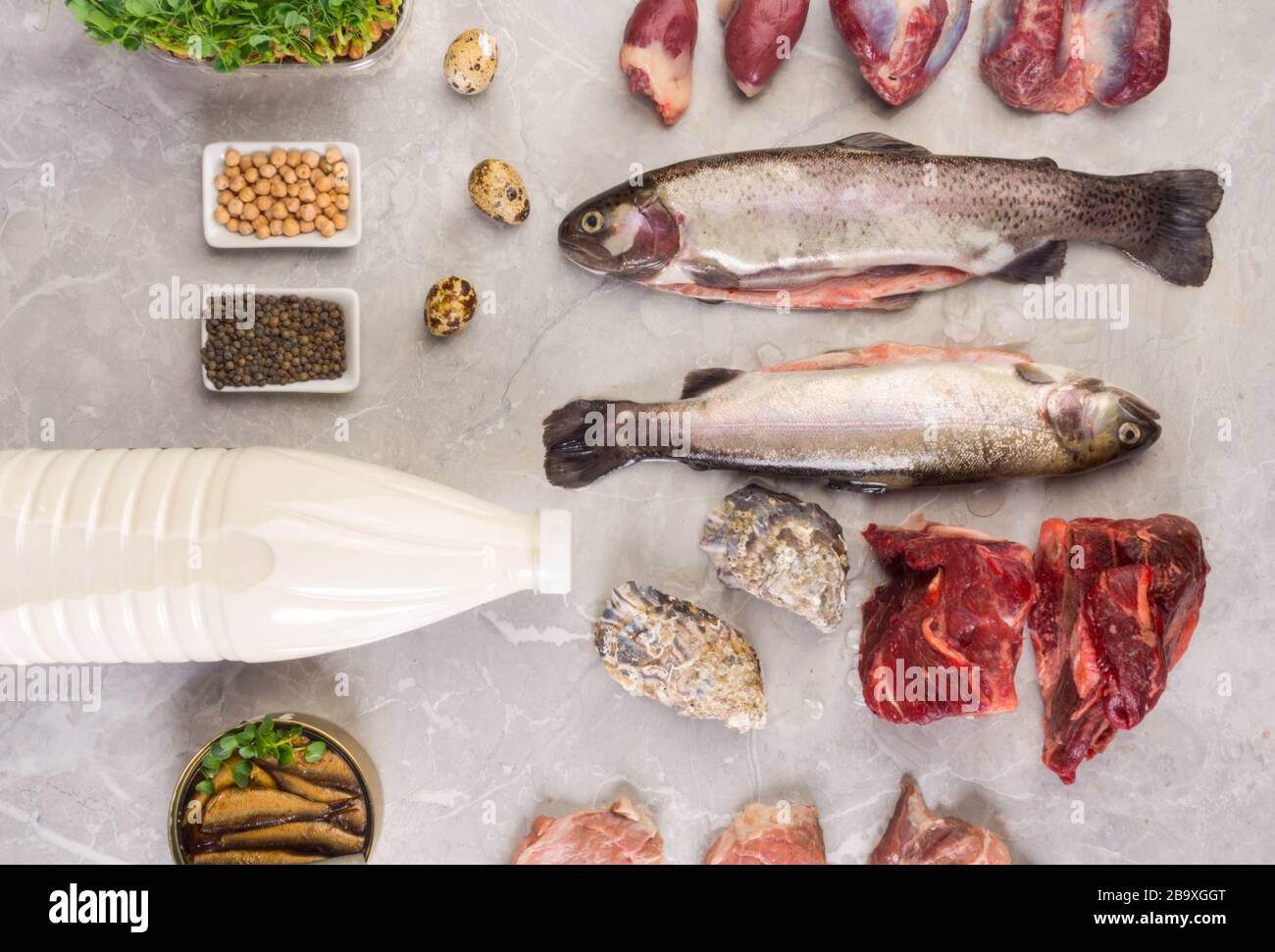 Meat seafood dairy products, lentils and greenery, useful food for ...