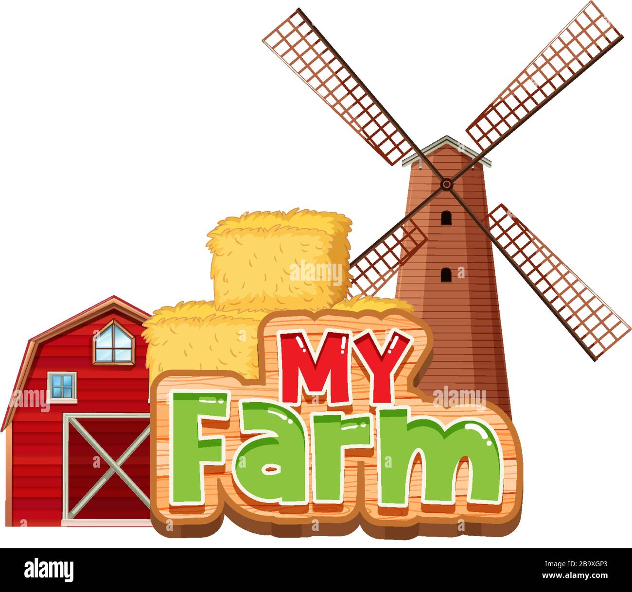 Font design for word my farm with barn and windmill illustration Stock ...