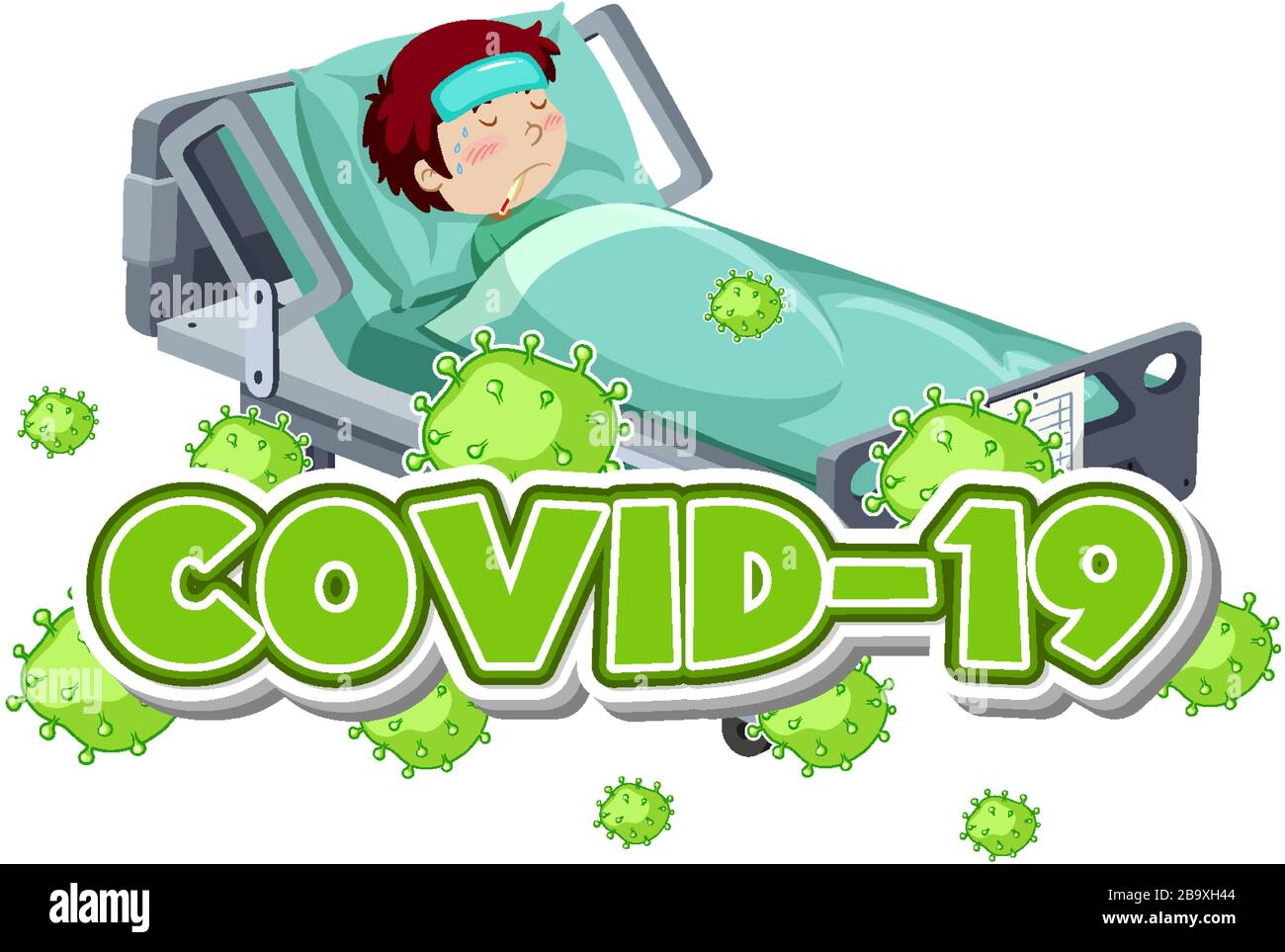 Covid 19 sign template with sick boy in hospital bed illustration Stock ...