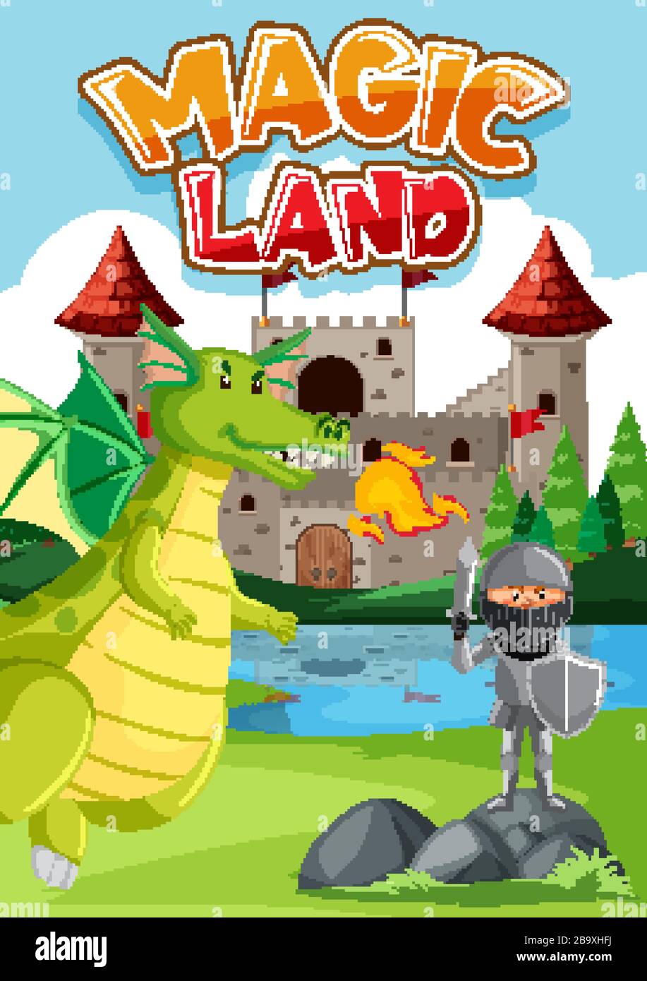 Font design for word magic land with knight and dragon illustration ...