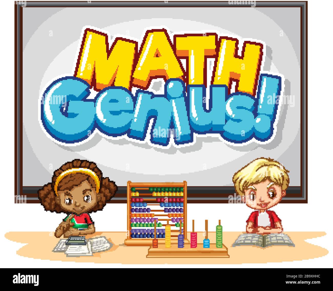 Font design for word math genius with happy kids in class illustration ...