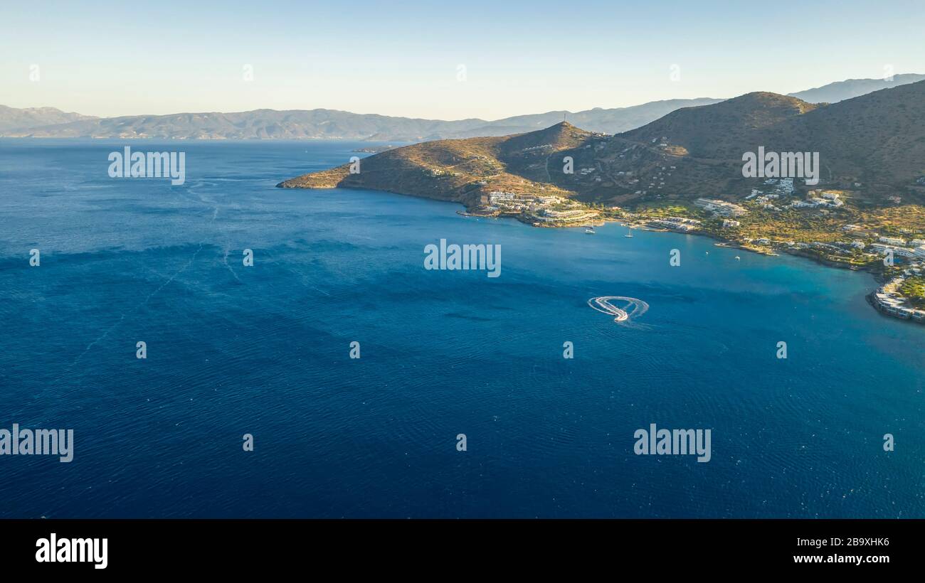 Aerial view of a pleasure boat with tourists. Elounda, Crete, Greece ...