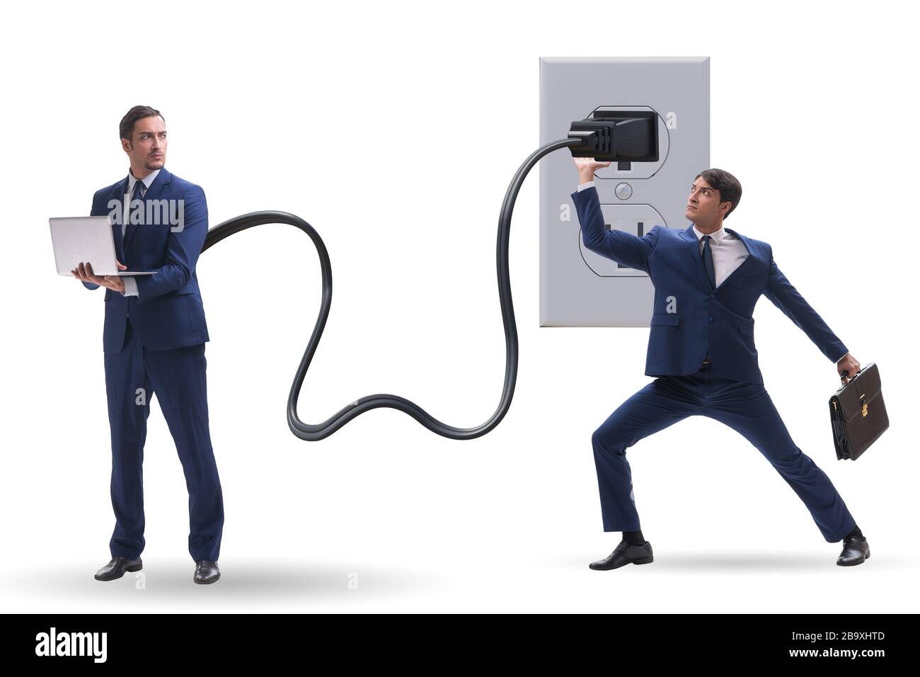 The businessman being powered by electricity and plug Stock Photo - Alamy