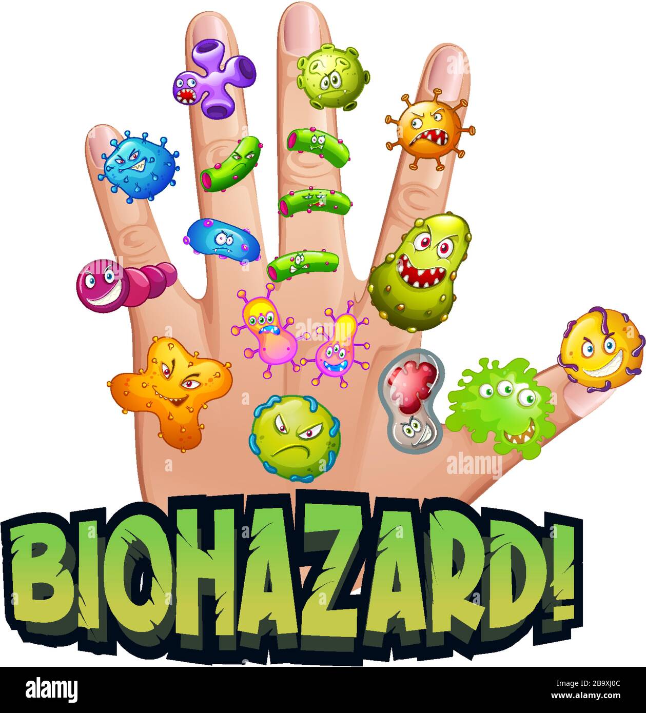 Font design for word biohazard with dirty virus on human hand ...