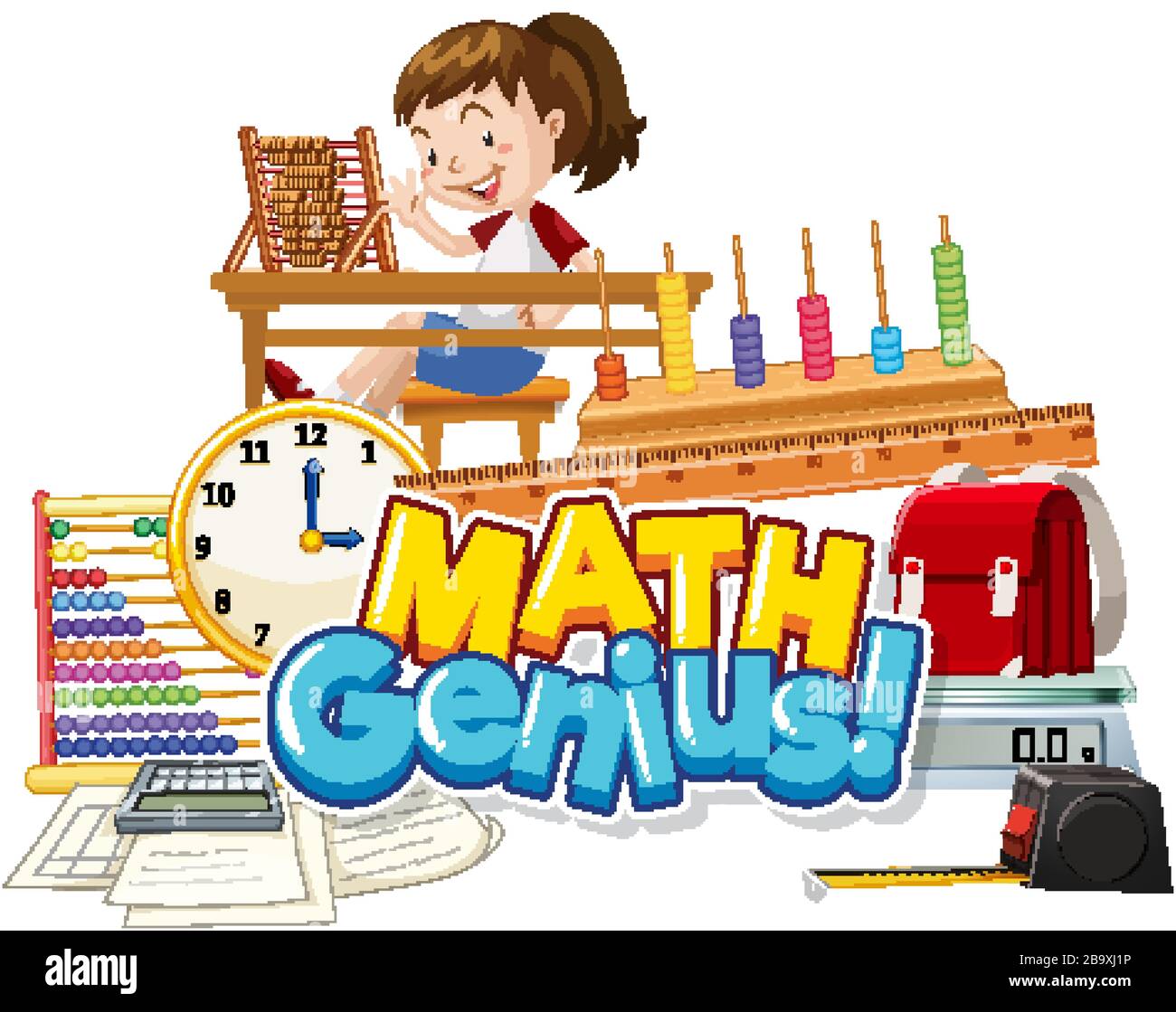 Font design for word math genius with girl and school item illustration ...