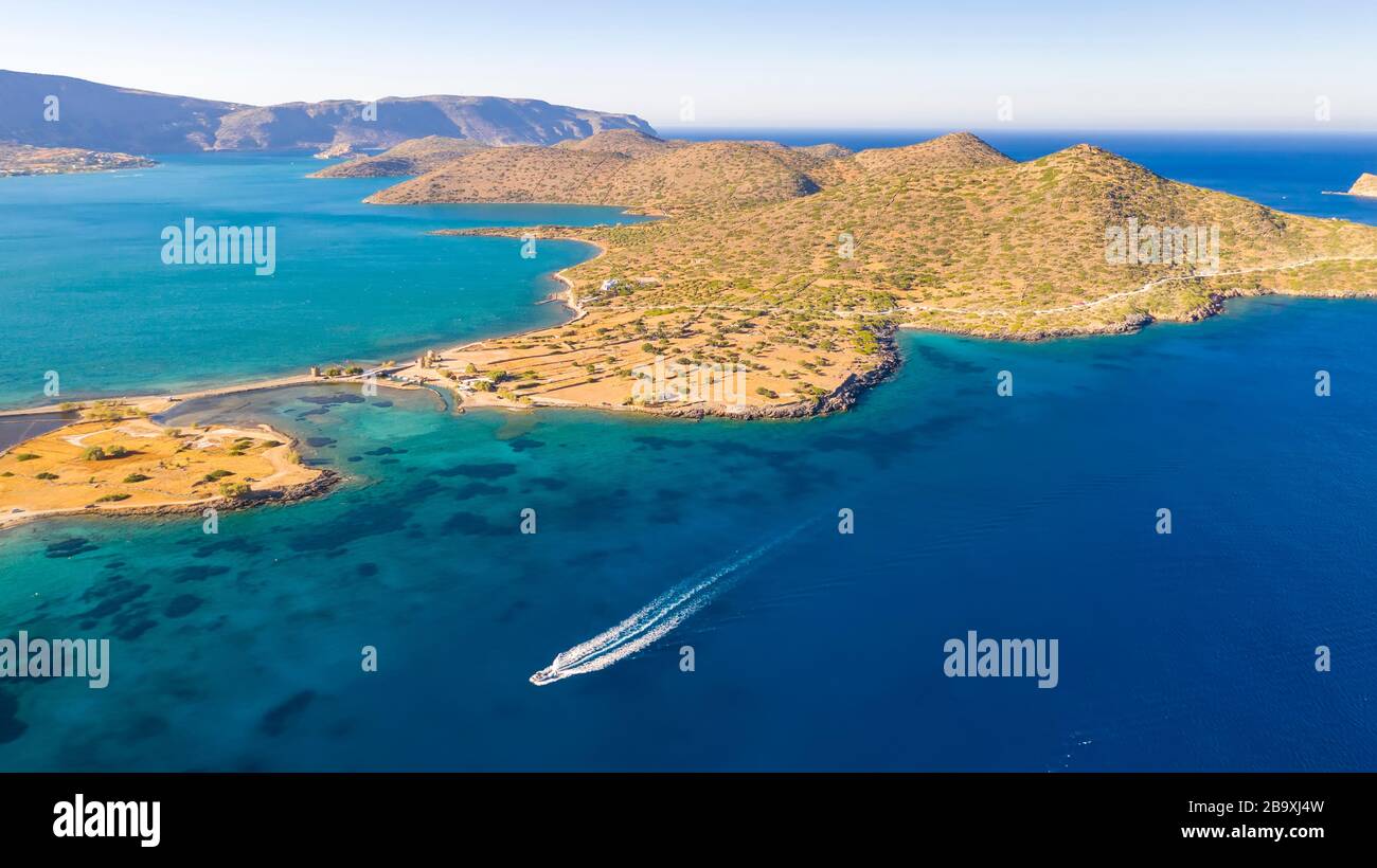 Aerial view of a pleasure boat with tourists. Elounda, Crete, Greece ...