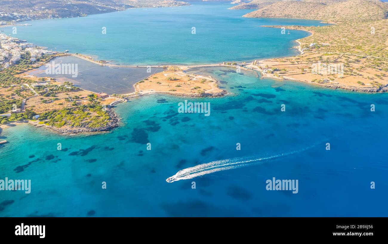 Aerial view of a pleasure boat with tourists. Elounda, Crete, Greece ...