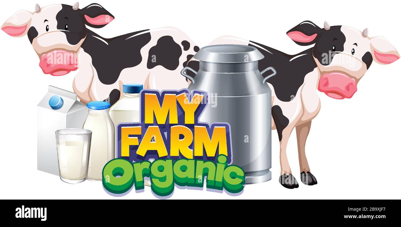 Font design for word my farm with two cows and fresh milk illustration ...