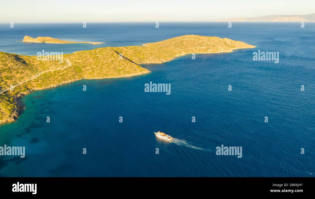 Aerial view of a pleasure boat with tourists. Elounda, Crete, Greece ...