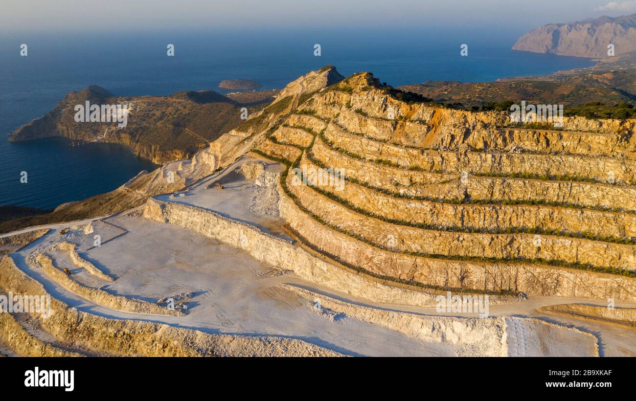 Aerial view of a gypsum quarry mine on the coast of Crete, Greece Stock ...