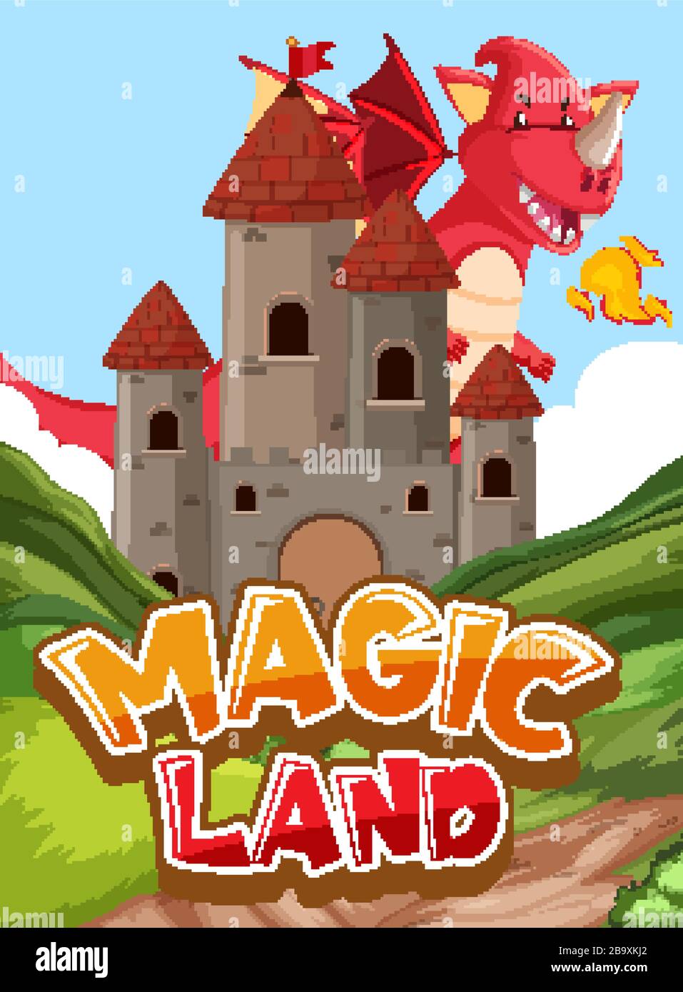 Font design for word magic land with dragon and castle illustration ...