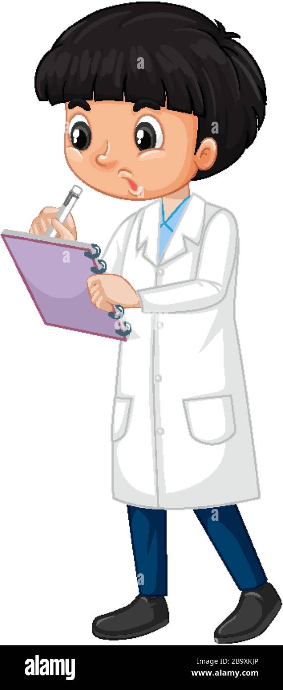 Boy in science gown writing on white background illustration Stock ...