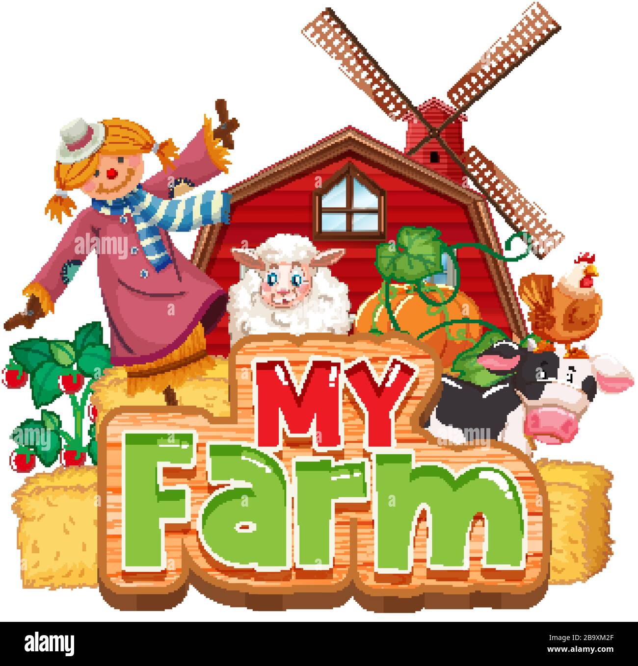 Font design for word my farm with animals and vegetables illustration ...