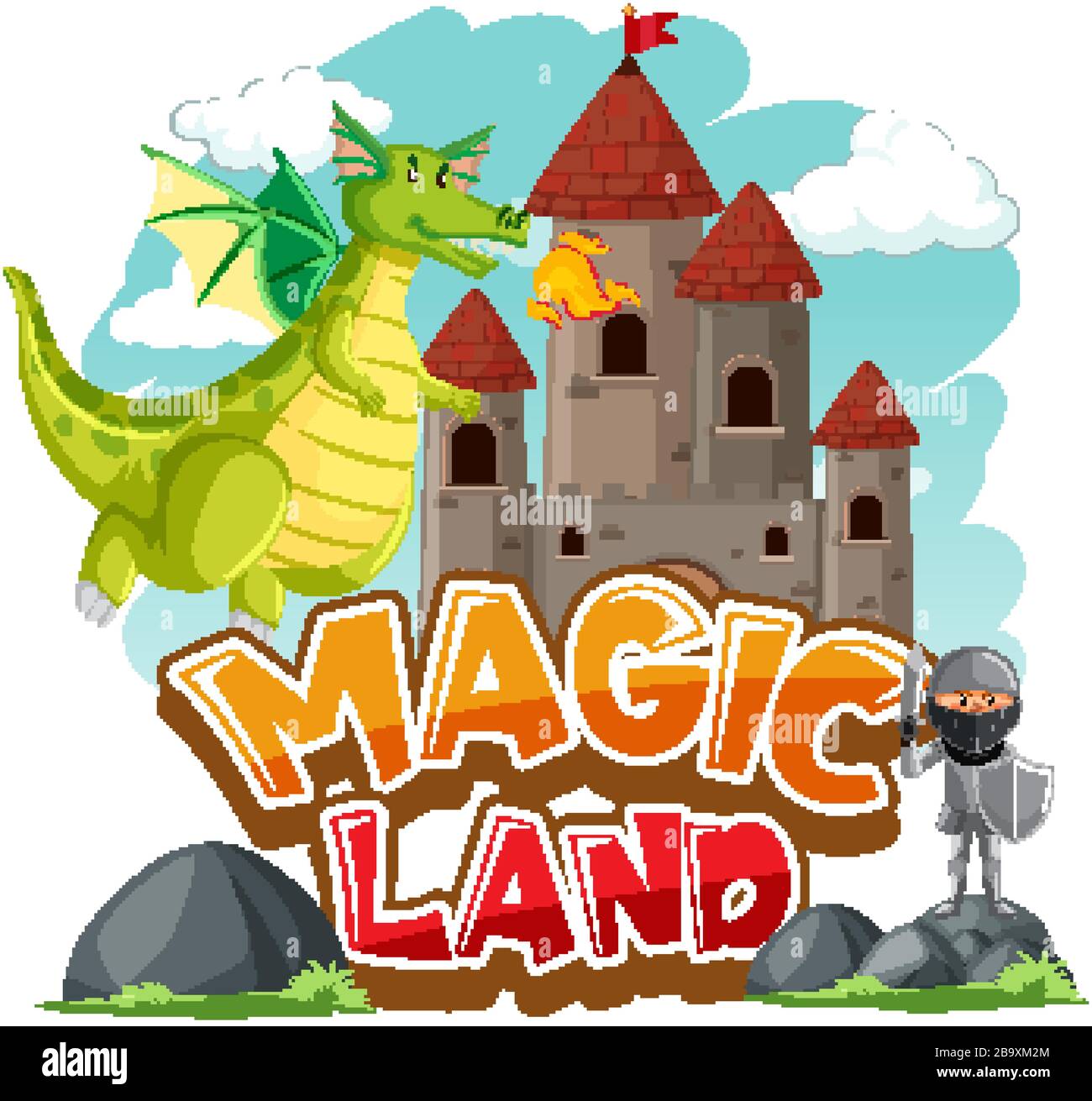 Font design for word magic land with dragon and knight illustration ...