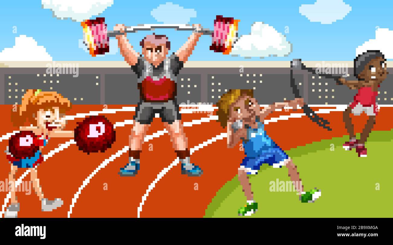 Background scene with athletes doing track and field events ...