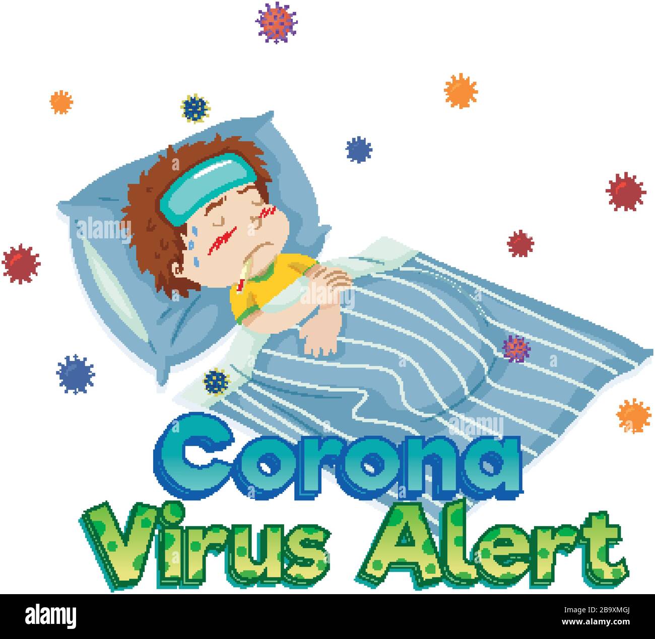 Poster design for coronavirus theme with sick boy in bed illustration ...