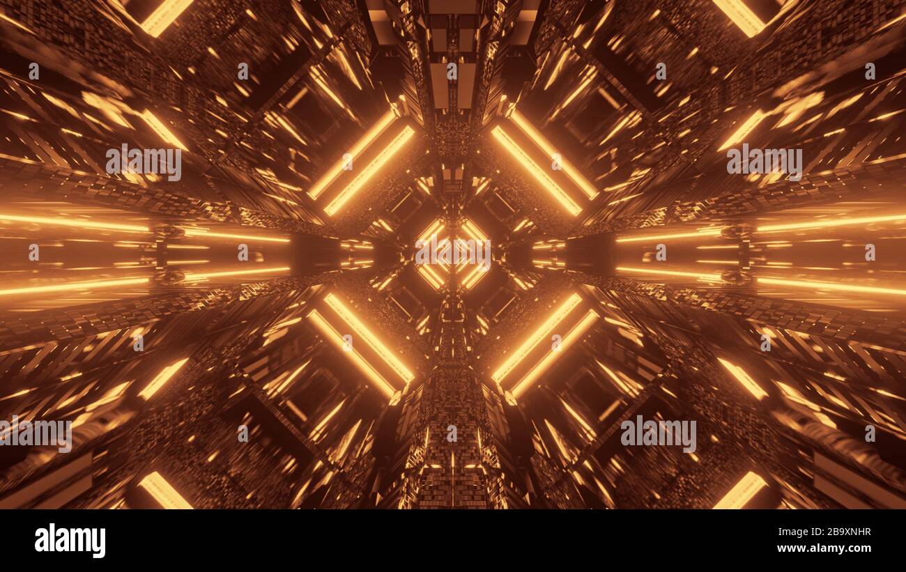 Abstract science fiction futuristic background with golden neon lights ...