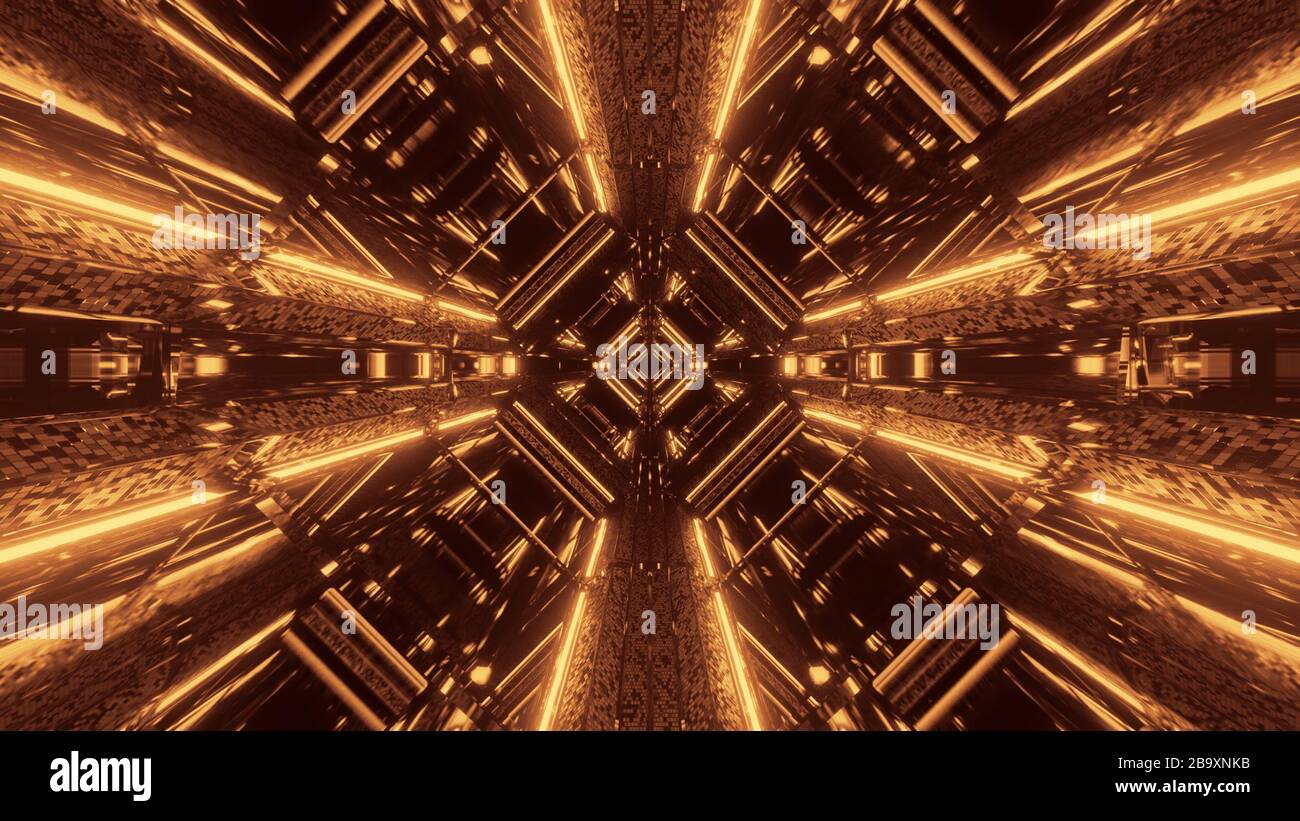 Abstract science fiction futuristic background with golden neon lights ...