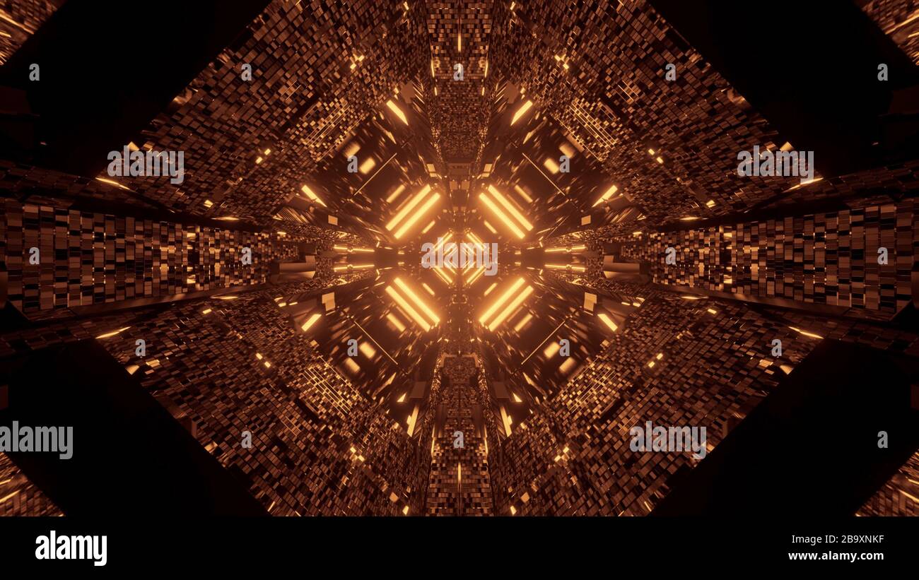 Abstract science fiction futuristic background with golden neon lights ...