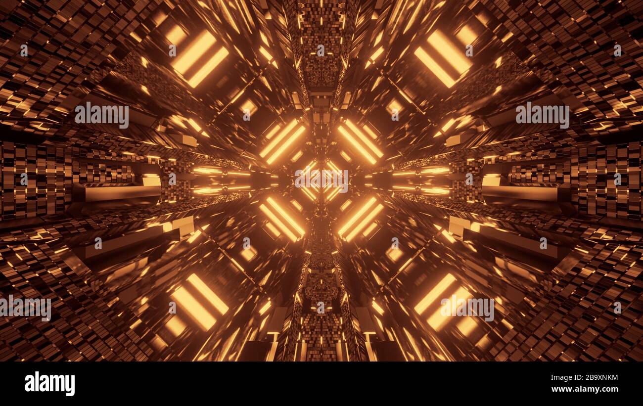 Abstract science fiction futuristic background with golden neon lights ...